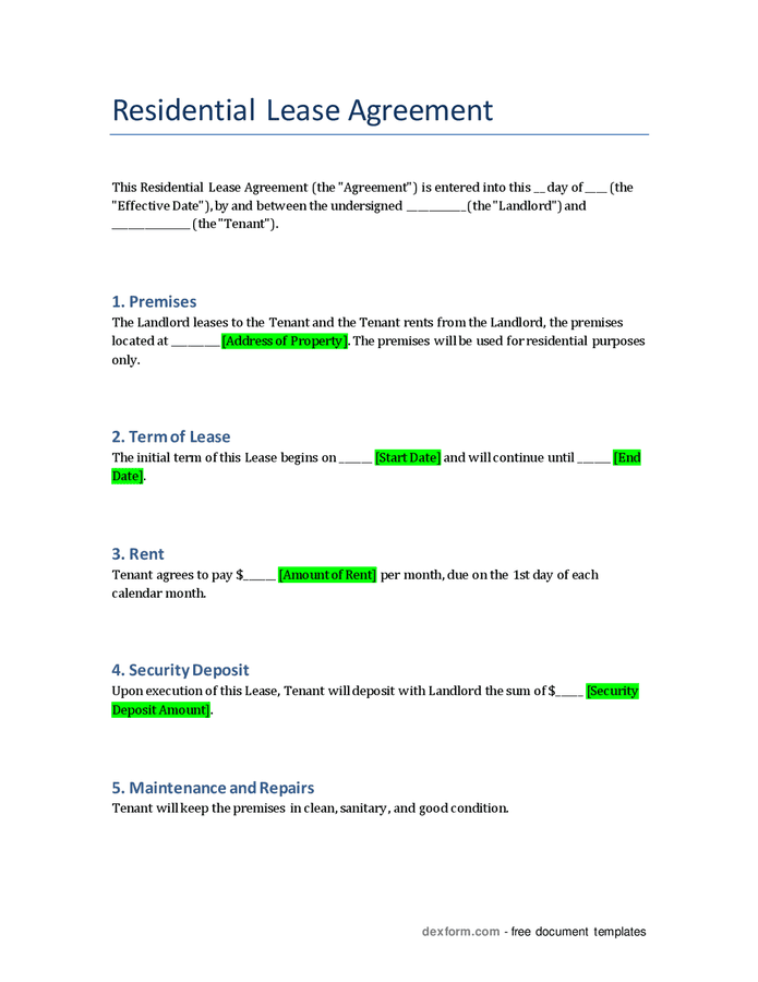 Residential lease agreement in Word and Pdf formats