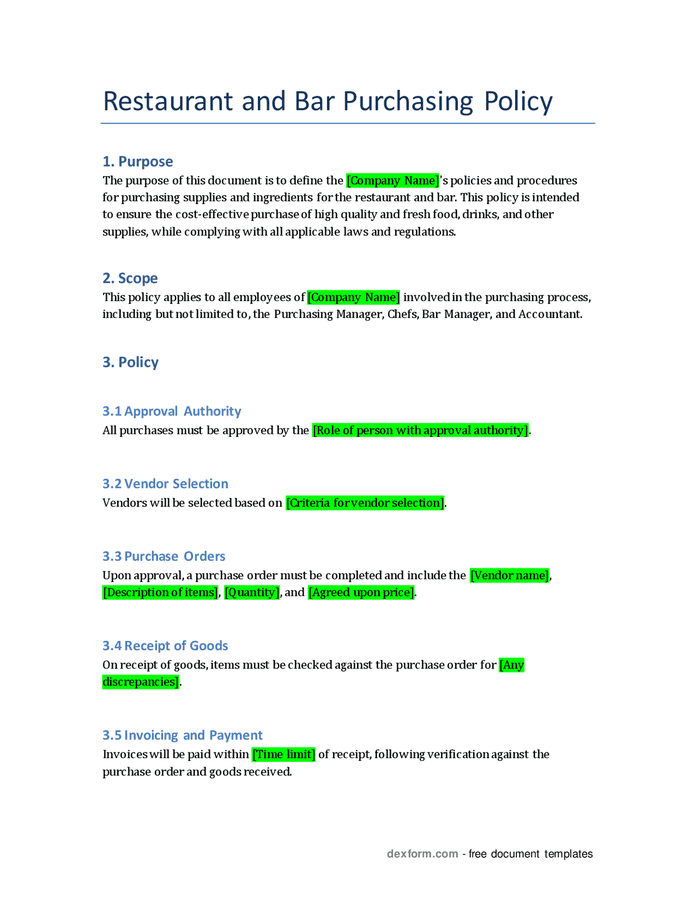 Restaurant and bar purchasing policy in Word and Pdf formats