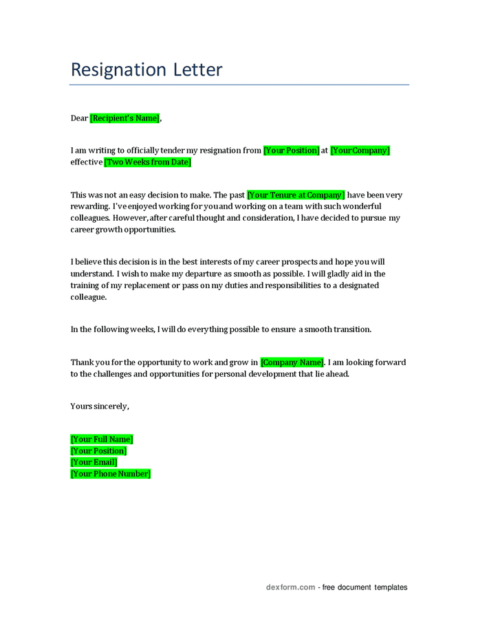 Resignation letter in Word and Pdf formats