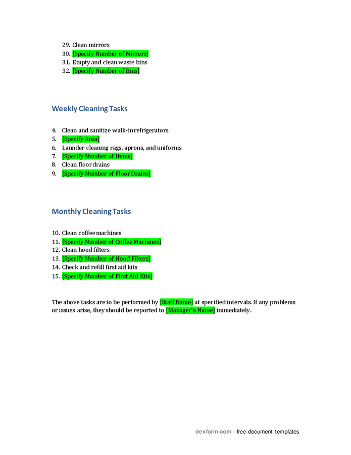 Restaurant cleaning checklist in Word and Pdf formats - page 2 of 2