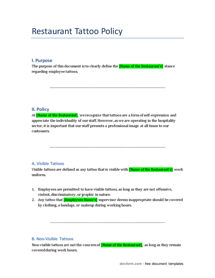 Restaurant tattoo policy in Word and Pdf formats