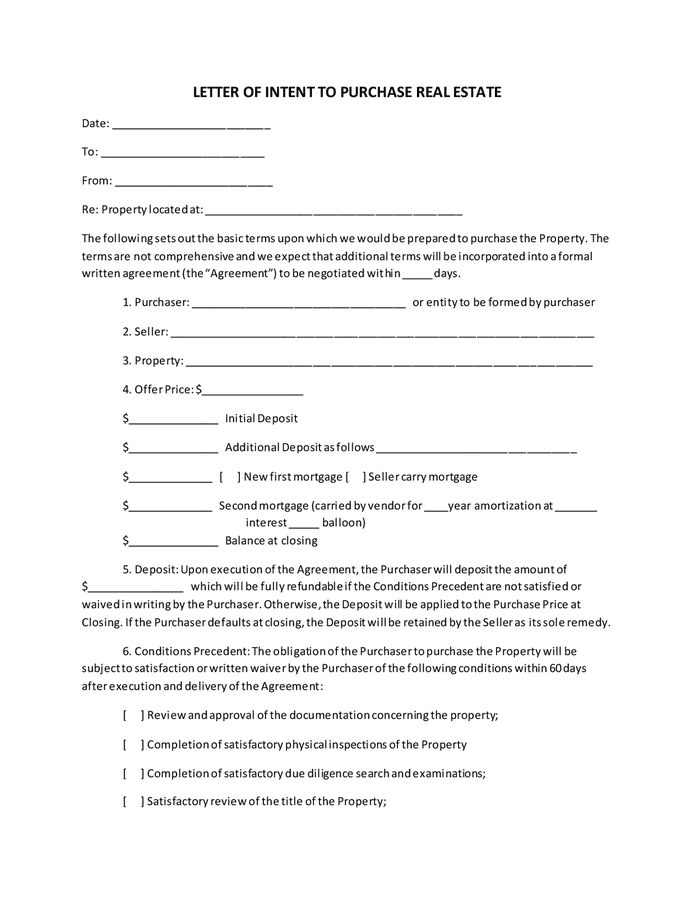 Letter of intent to purchase real estate in Word and Pdf formats