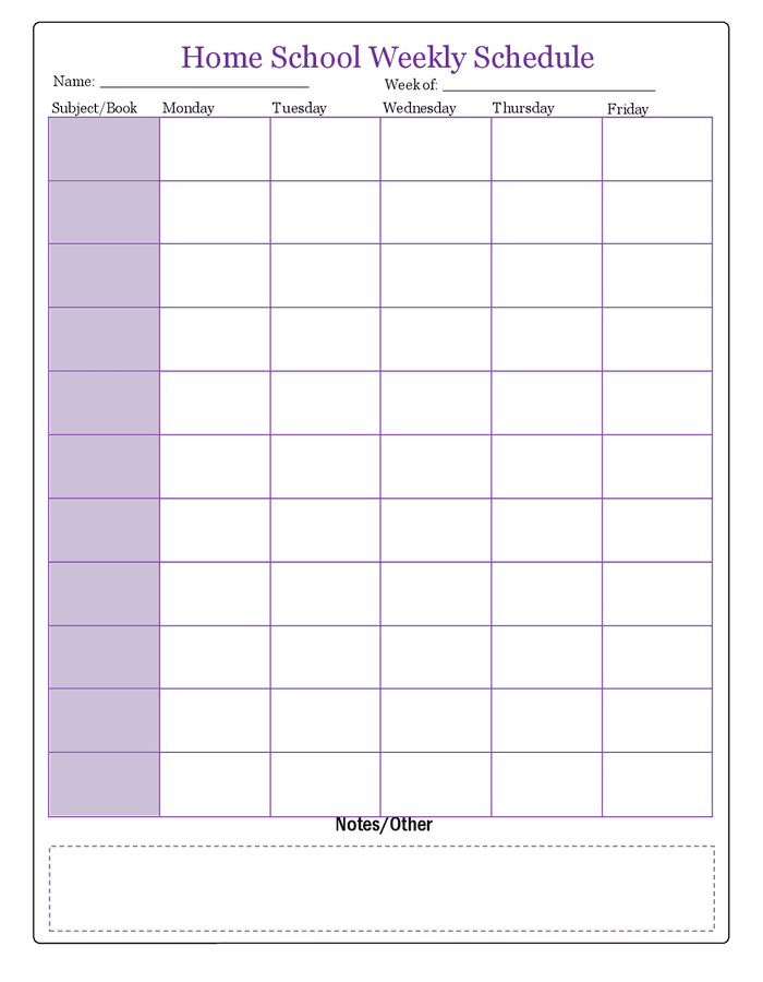Home school weekly schedule in Word and Pdf formats