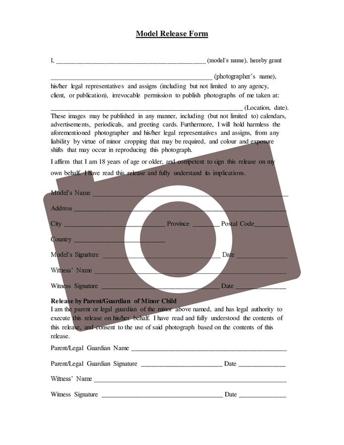 Model release form in Word and Pdf formats