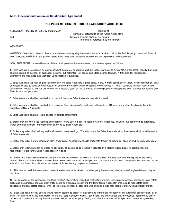 Independent contractor relationship agreement in Word and Pdf formats