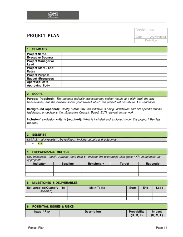 Project charter template in Word and Pdf formats