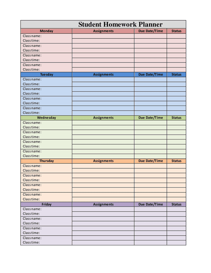 Student homework planner in Word and Pdf formats