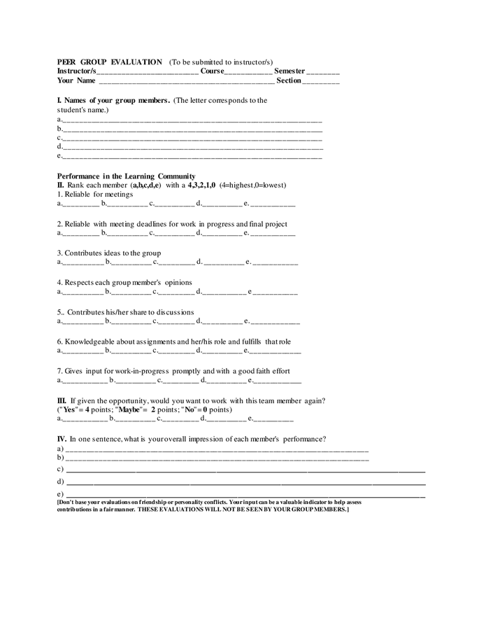 Peer Group Evaluation Form In Word And Pdf Formats