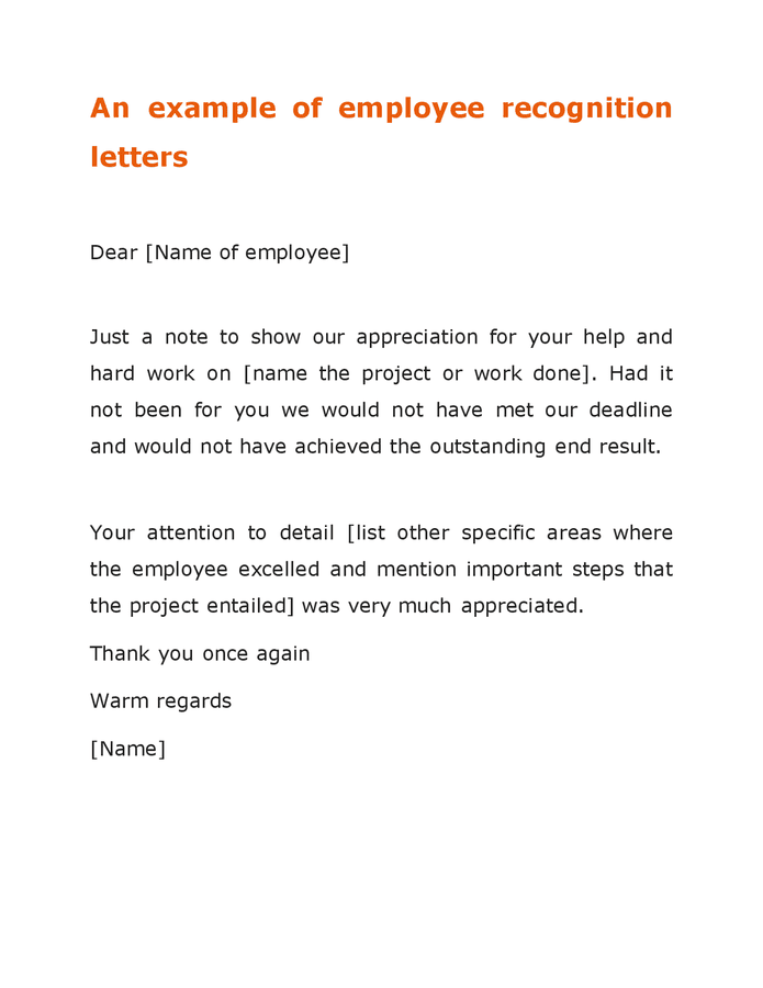 Employee recognition letter in Word and Pdf formats