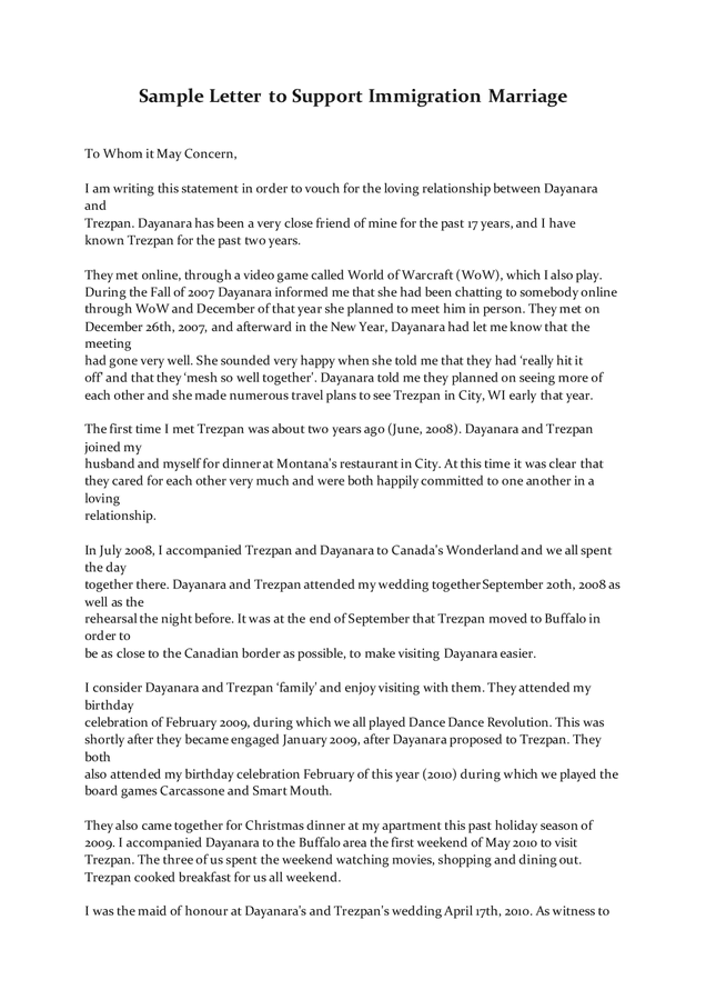 Sample letter to support immigration marriage in Word and Pdf formats