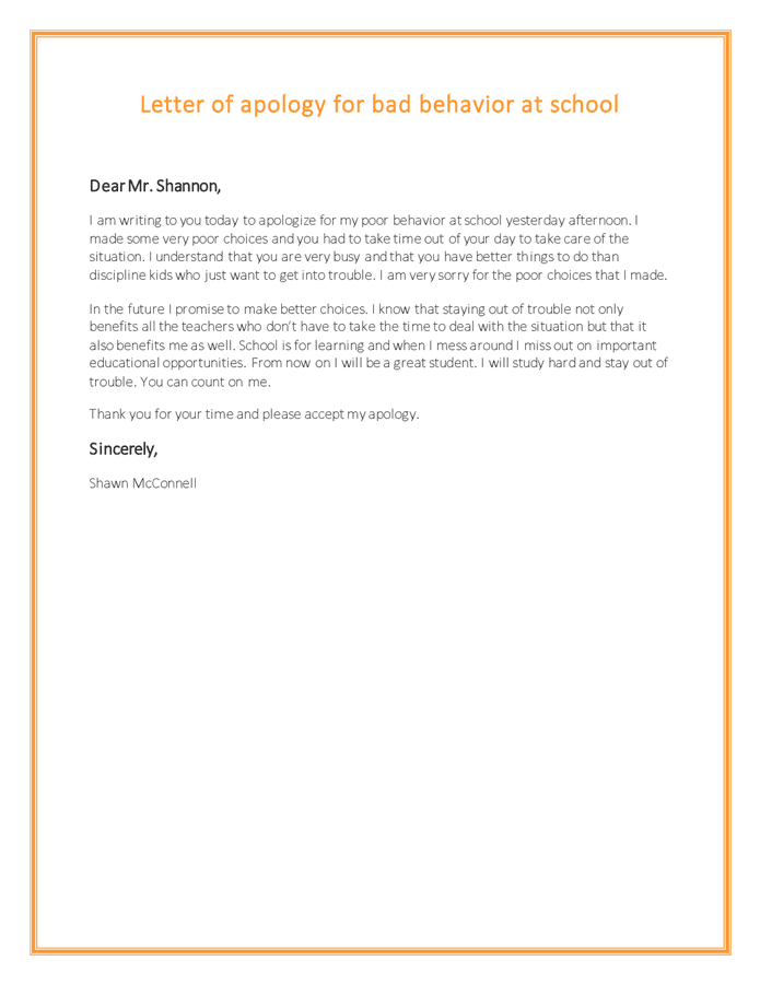 Letter Of Apology For Bad Behavior At School In Word And Pdf Formats