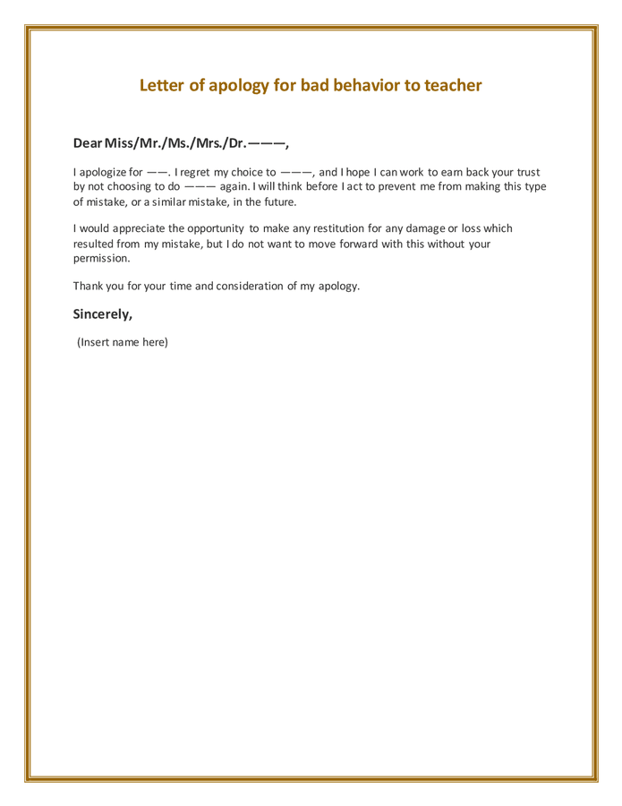 Letter of apology for bad behavior to teacher in Word and Pdf formats