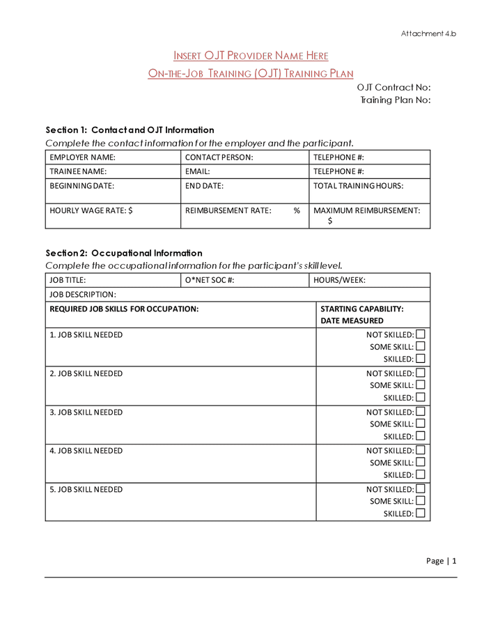 On-the-job training (OJT) training plan in Word and Pdf formats