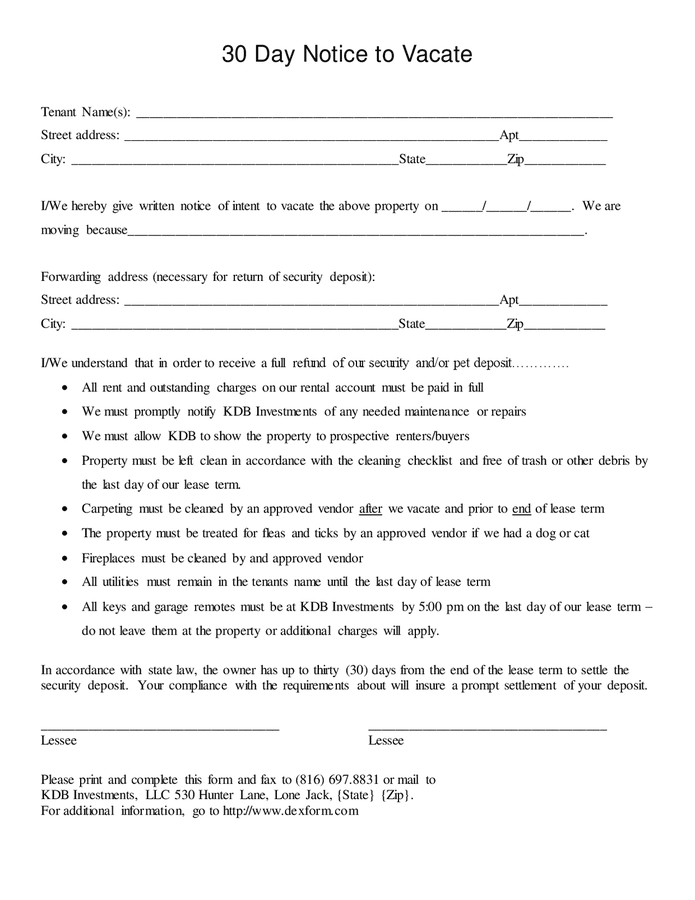 30 day notice to vacate in Word and Pdf formats
