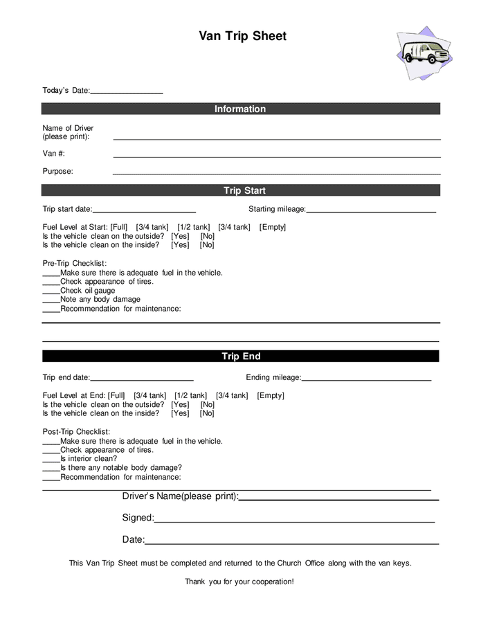 Van trip sheet in Word and Pdf formats