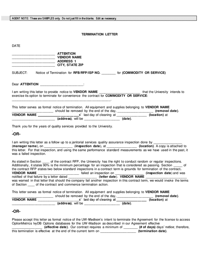 Vendor termination letter in Word and Pdf formats