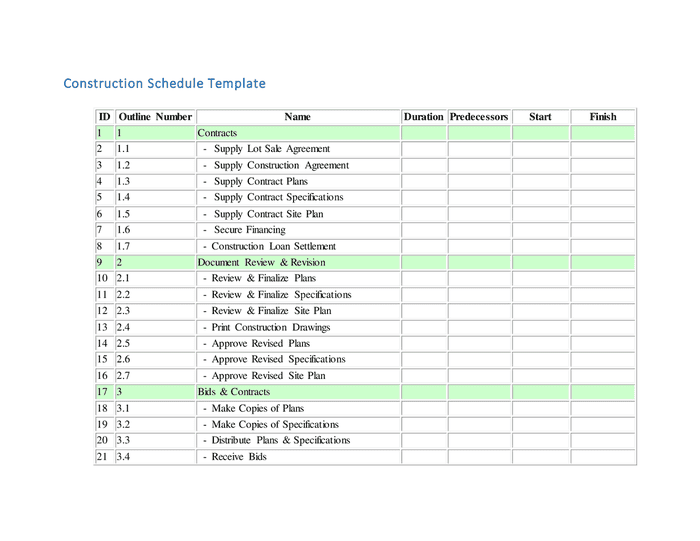 Construction schedule template in Word and Pdf formats