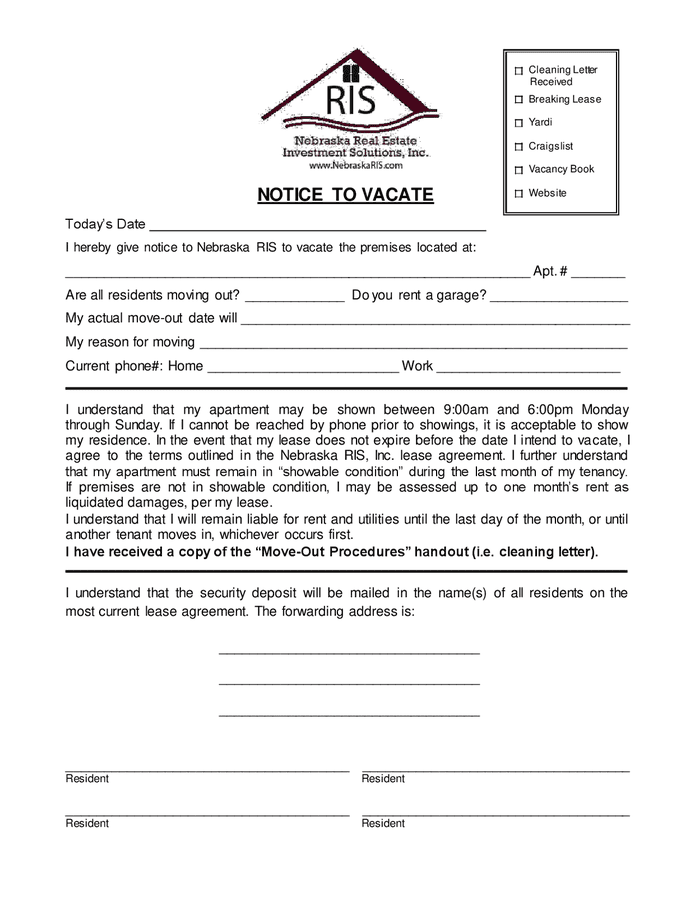 Notice to vacate sample in Word and Pdf formats
