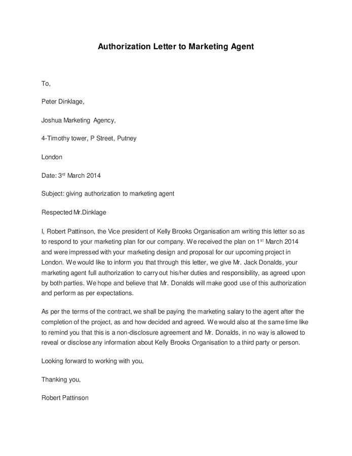 Authorization letter to marketing agent in Word and Pdf formats