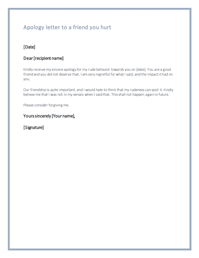 Apology letter to a friend you hurt in Word and Pdf formats