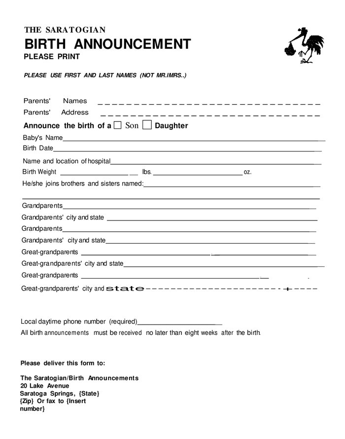 Birth announcement card in Word and Pdf formats