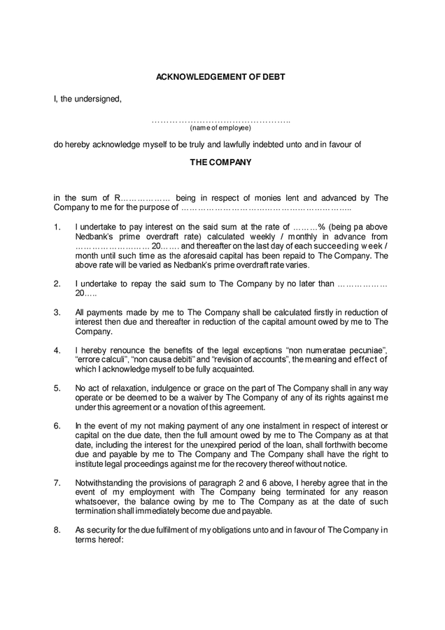 Acknowledgement of debt in Word and Pdf formats