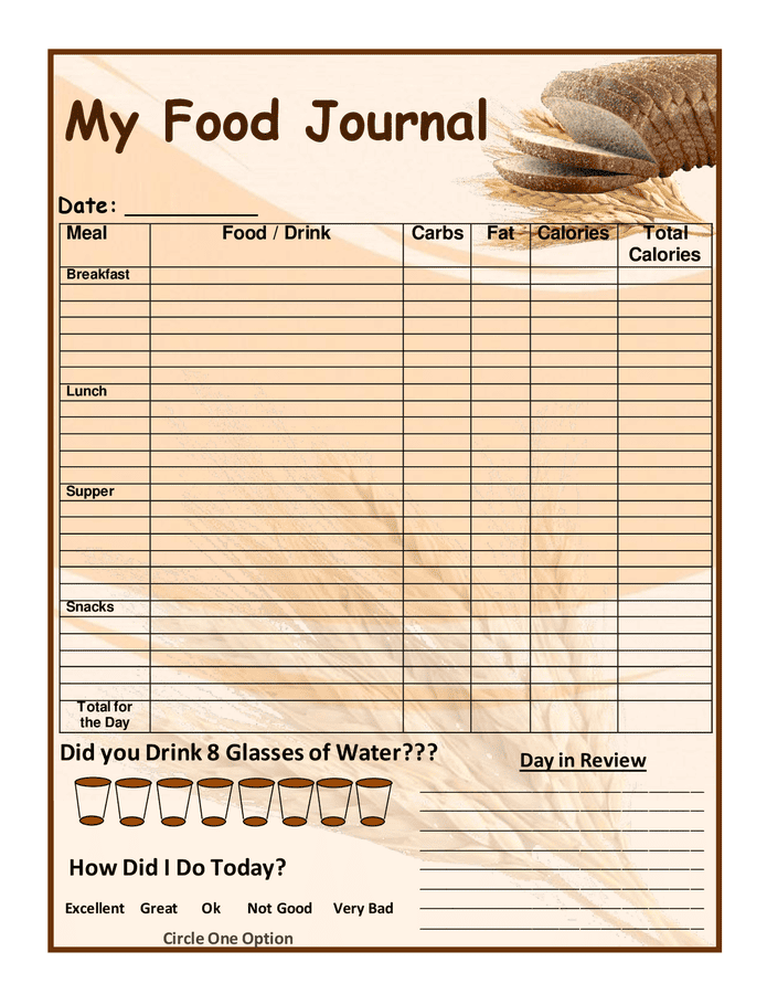 Food journal template in Word and Pdf formats