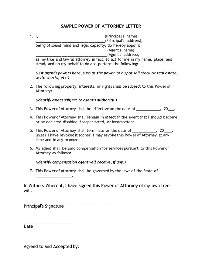 Sample power of attorney letter in Word and Pdf formats