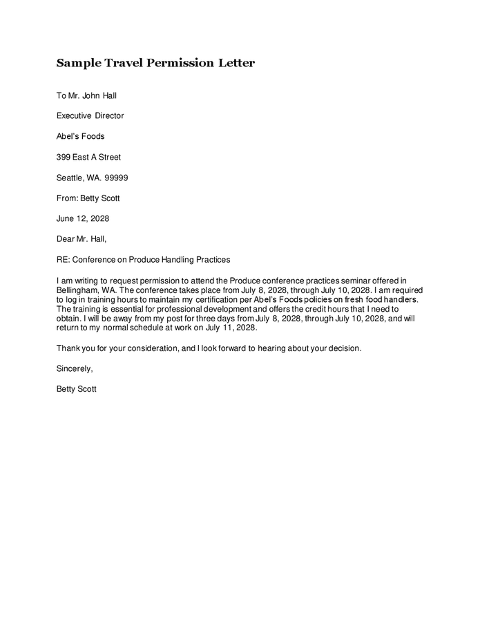 Sample travel permission letter in Word and Pdf formats