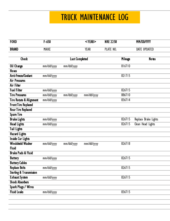 Truck maintenance log in Word and Pdf formats
