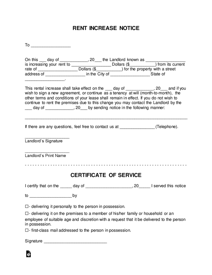 Rent increase notice in Word and Pdf formats