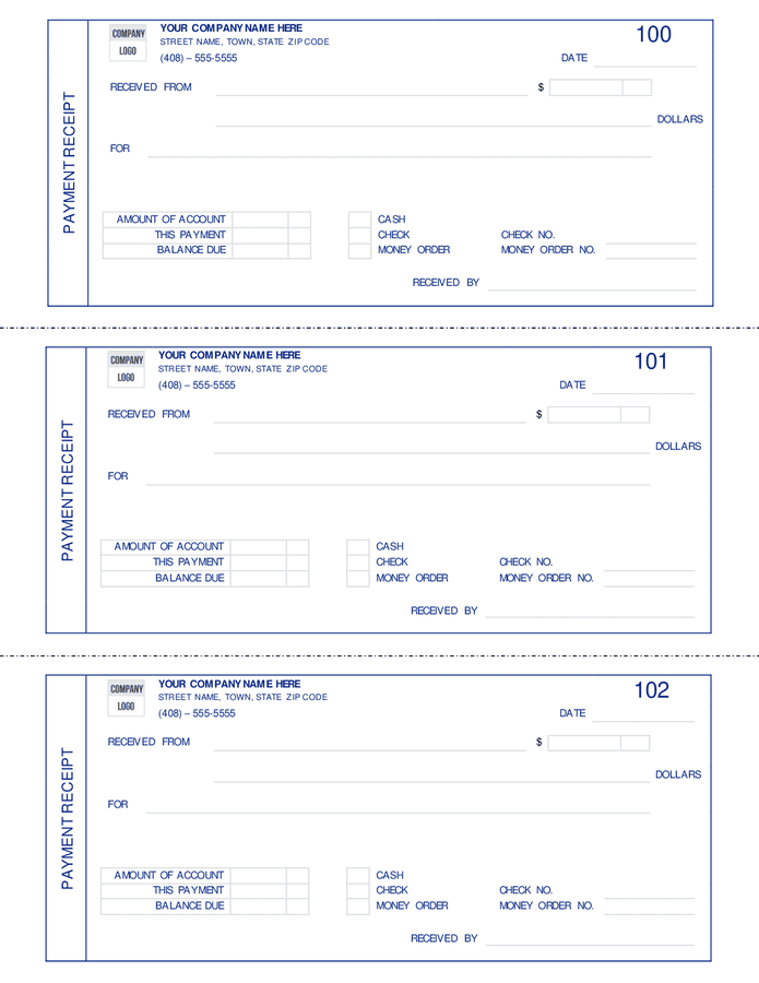 Cash payment receipt in Word and Pdf formats