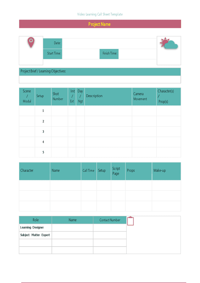 Video learning call sheet template in Word and Pdf formats