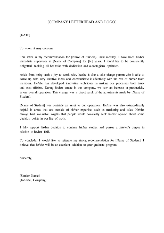 Student recommendation letter in Word and Pdf formats