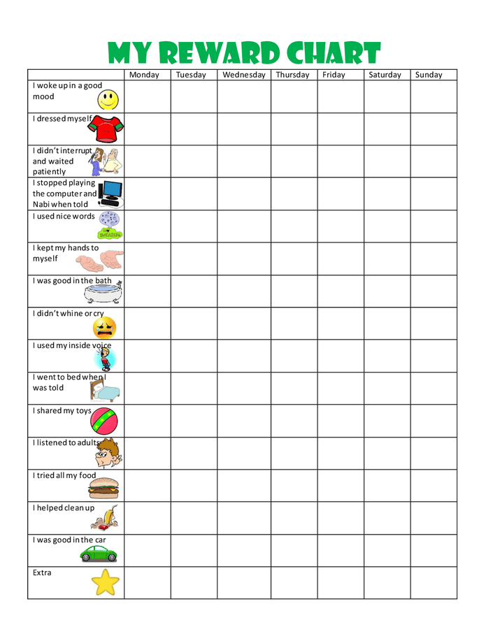 Reward chart form in Word and Pdf formats