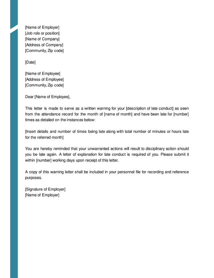 Employee warning letter - being late in Word and Pdf formats