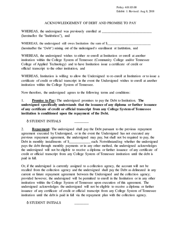 Acknowledgement of debt and promise to pay in Word and Pdf formats