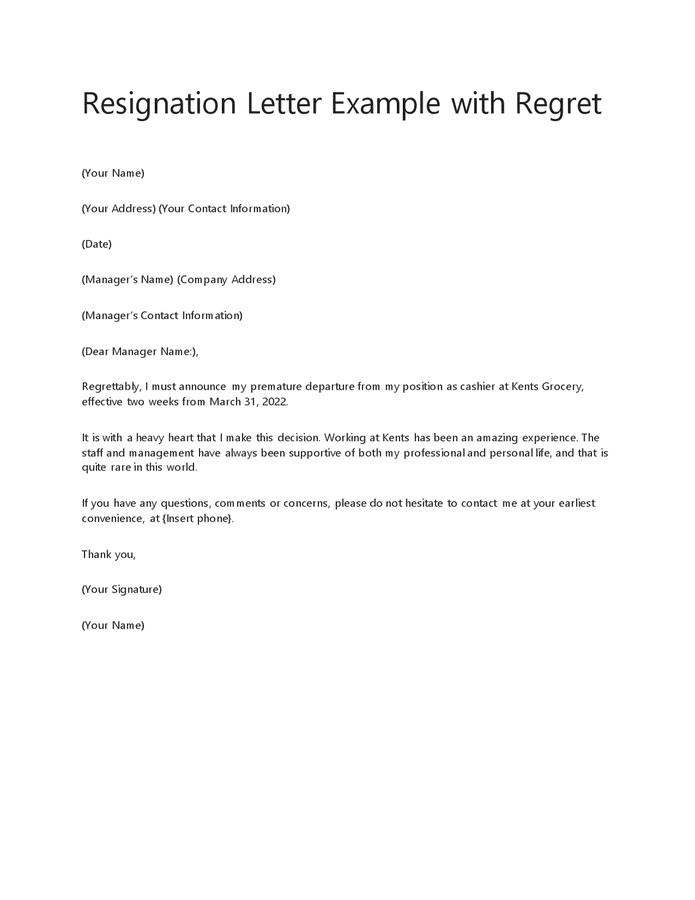 Resignation letter example with regret in Word and Pdf formats