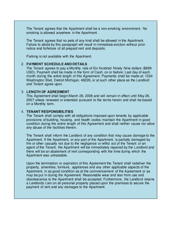 Residential apartment lease agreement in Word and Pdf formats - page 2 of 2