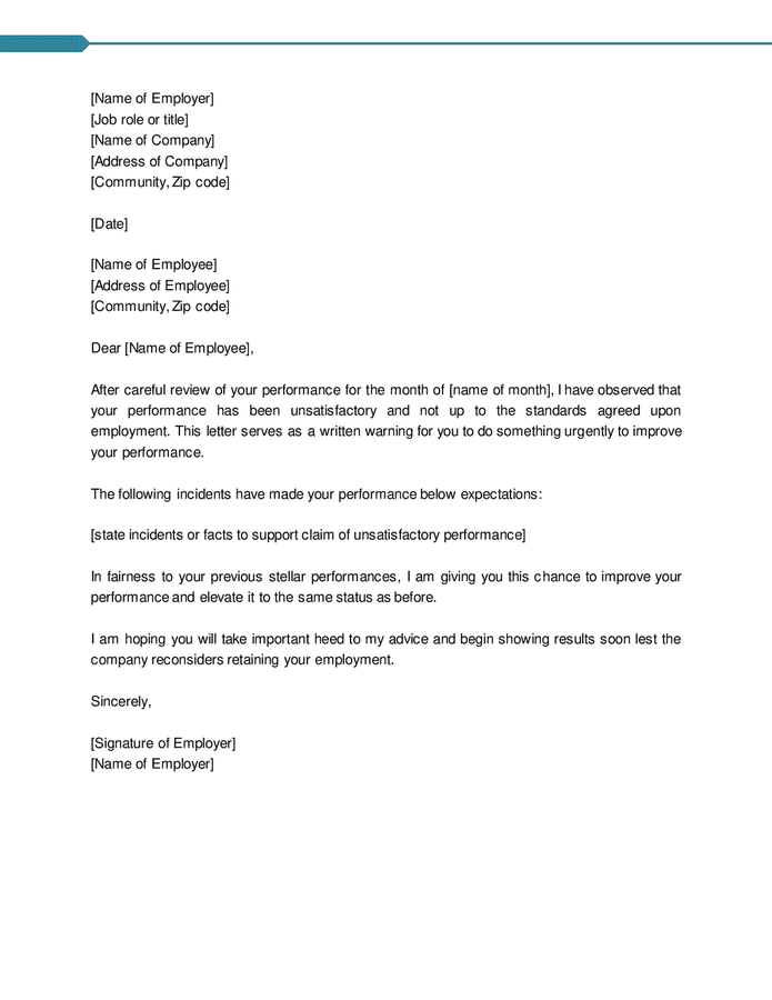 Employee performance warning letter in Word and Pdf formats