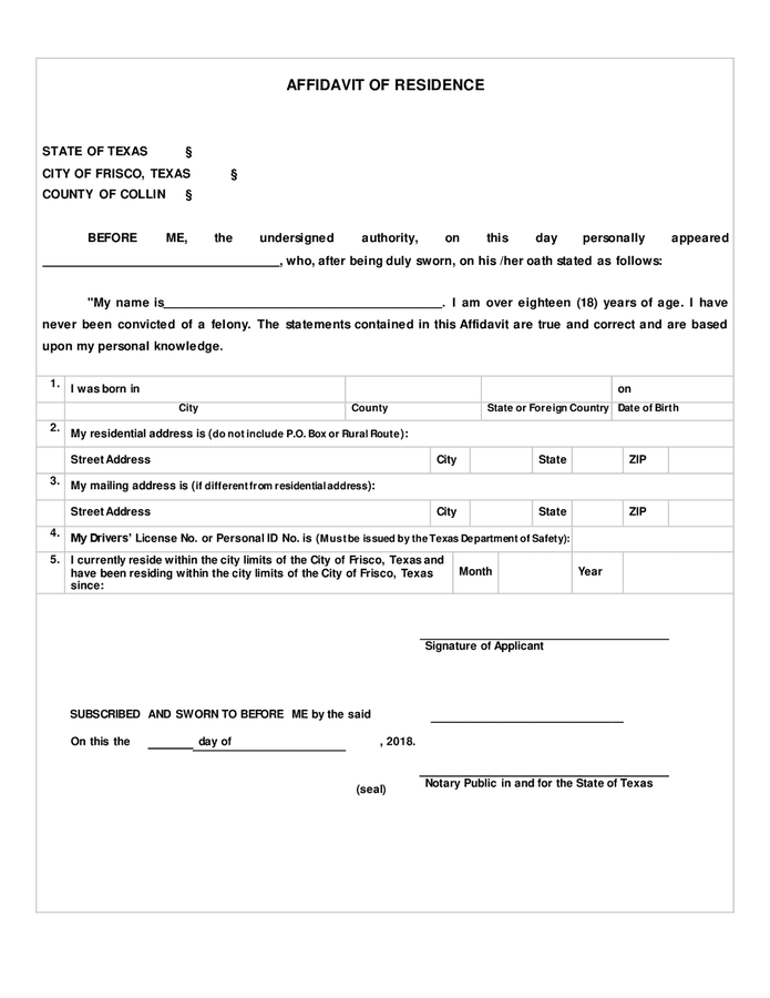 Affidavit of residence (Texas) in Word and Pdf formats