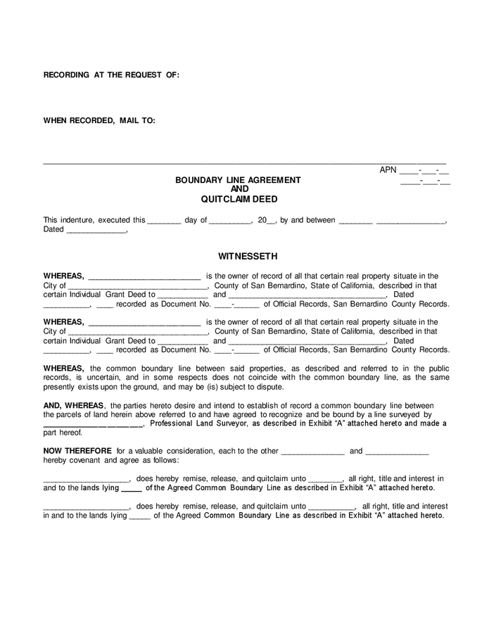 Boundary line agreement and quitclaim deed in Word and Pdf formats