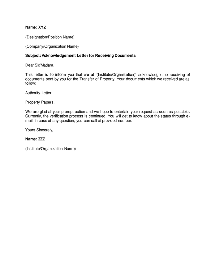 Acknowledgement letter for receiving documents in Word and Pdf formats
