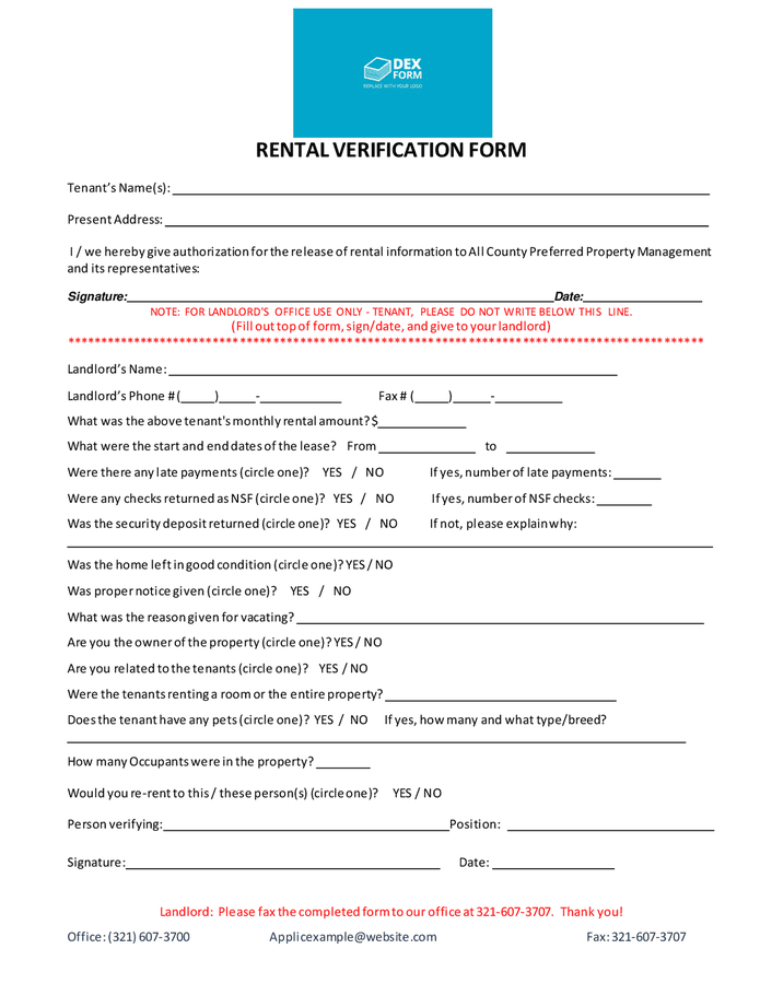Sample land rental verification form in Word and Pdf formats