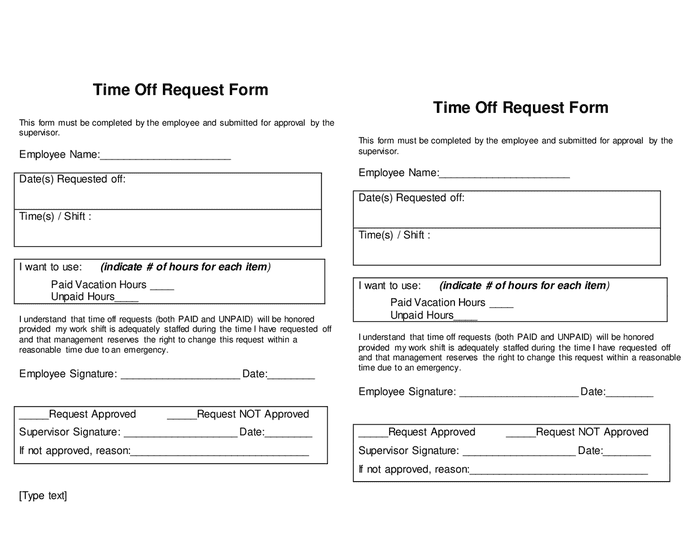 Employee time off request form in Word and Pdf formats