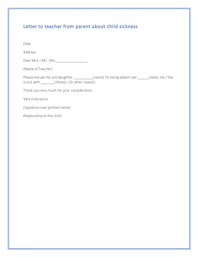 Letter to teacher from parent about child sickness in Word and Pdf formats