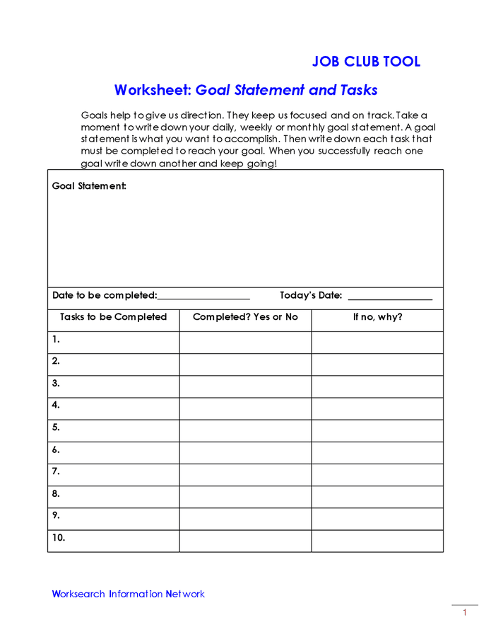 Goal statement and tasks in Word and Pdf formats