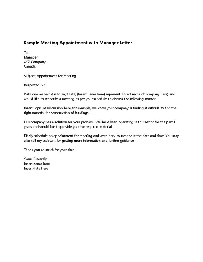Sample meeting appointment with manager letter in Word and Pdf formats