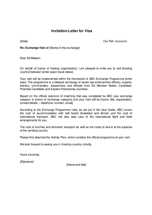 Invitation letter for visa in Word and Pdf formats