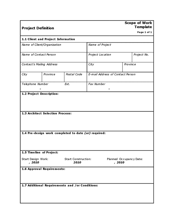 Scope of work template in Word and Pdf formats